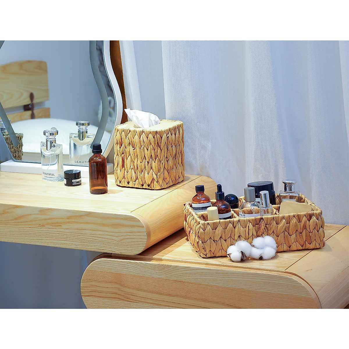 Ellinia Wicker Coffee Station Desk Coffee Pod Organizer, Divided Storage Basket Container with 5 Sections, Water Hyacinth Baskets, Tea Bag/Sugar Packet Holder, Basket for Drawer Organizing