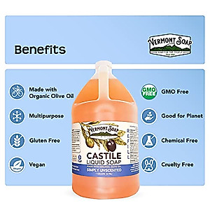 Vermont Castile Soap Unscented, Gentle Liquid Soap for Sensitive Skin & Natural Body Wash, Organic Hair Shampoo for Oily Hair, Aloe Castile Soap for Men & Women - Gallon