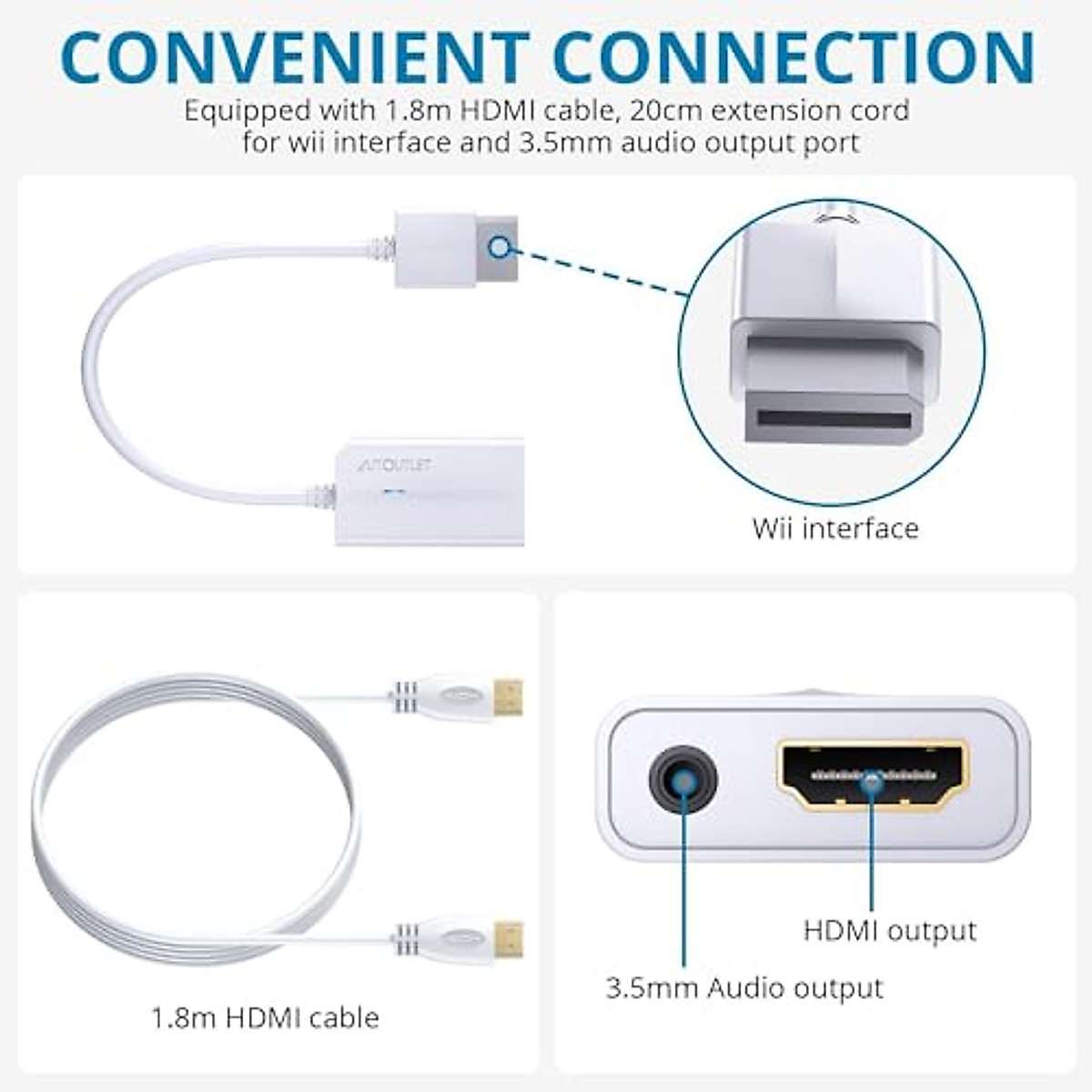 AUTOUTLET Wii to HDMI Converter 1080P with 6ft High Speed HDMI Cable Wii2 HDMI Adapter with Blue Indicator, Output Video&Audio with 3.5mm Jack Audio Compatible with Full HD Devices