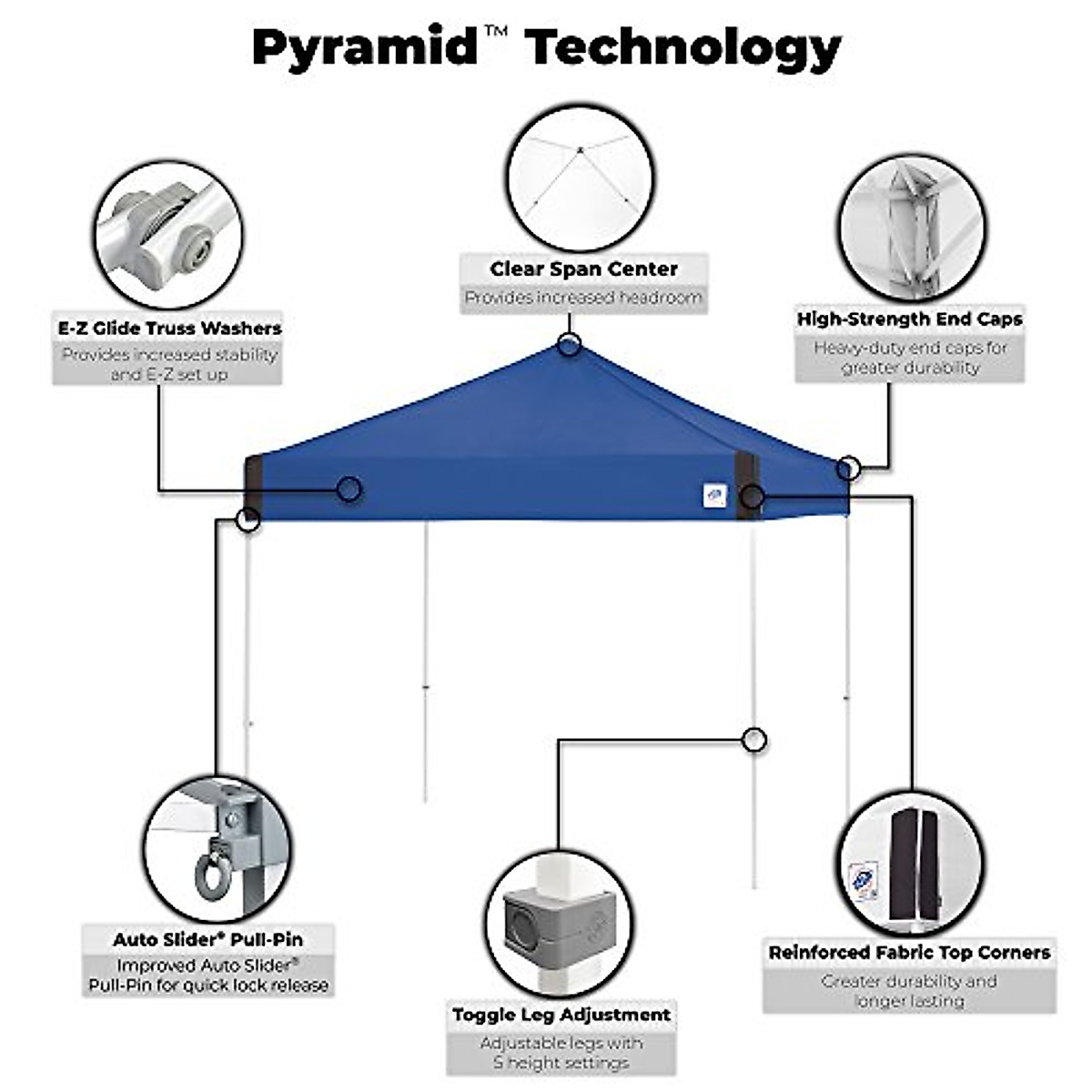 E-Z UP Pyramid Instant Shelter Canopy, 10' x 10' with Wide-Trax Roller Bag & 4 Piece Spike Set, Royal Blue