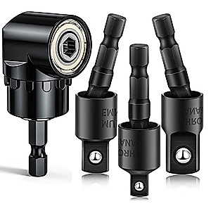 4pcs Drill-Bit-Extension Set, Includes Hex Shank 105° Right-Angle-Drill-Attachmen, 360° Rotatable Joint Socket 1/4 3/8 1/2" Universal Socket Adapter Set (Black)