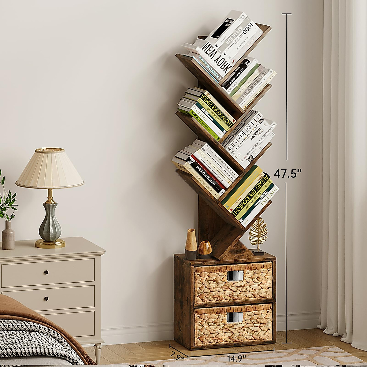 Vagusicc 6 Tier Tree Bookshelf, Modern Floor Standing Bookcase with Storage Drawer, Space Saving Storage Organizer Book Shelves for Books, Tall Wood Storage Rack for Bedroom/Living Room/Home Office