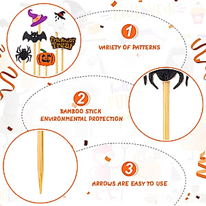 Halloween Cocktail Picks Pumpkin Spider Hat Ghost Letters Bamboo ToothPicks Appetizer Bamboo Toothpicks for Halloween Cake Food Decoration (100 Pieces)