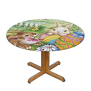 Round Tablecloth Cute Easter Bunny Fitted Elastic Waterproof Wipeable Table Cloth Cover Decor Table Pad Cover for Party Dinning Room Picnic-Small