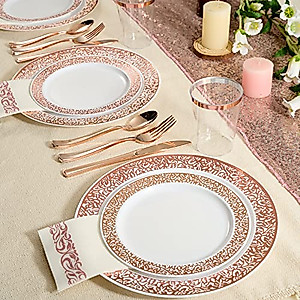 FOCUSLINE 102 pcs Rose Gold Plastic Party Plates Lace Design Disposable Plates Set, 51 Heavy Duty 10.25 Inch Dinner Plates and 51 7.5 Inch Dessert Plates