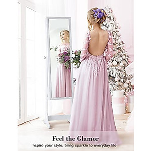 Nicetree Touch Screen LED Jewelry Organizer, Freestanding Full Length Mirror Jewelry Cabinet, Standing Mirror with Jewelry Storage, 2 Drawers, Foldable Makeup Shelf，White