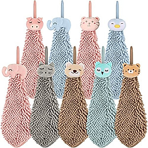 9 Pack Cute Chenille Soft Hanging Hand Towels, Funny Cartoon Animal Hand Towel with Hanging Loop, Kids Hand Towel Set Absorbent Thick Kitchen Bathroom Towels Bulk, 5 Colors