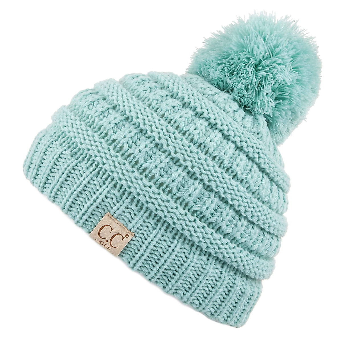 C.C Kids Beanie Ages 2-7 Warm Chunky Thick Stretchy Knit Slouch Beanie Skull Kids Hat with Pom (YJ-847-POM) (Mint)