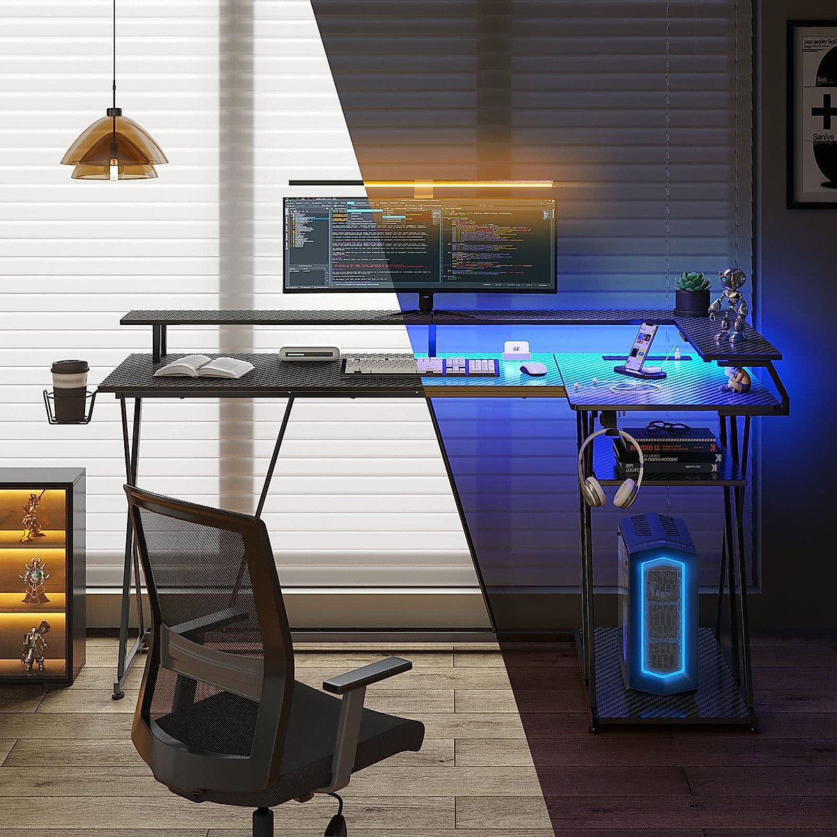SEVEN WARRIOR L Shaped Gaming Desk with LED Lights & Power Outlets, 63” Reversible Corner Desk with Storage Shelf, Computer Desk with Monitor Stand, Gaming Table with Cup Holder, with Hooks, Black