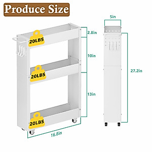 OKZEST Rolling Slim Storage Cart, 3-Tier Narrow Utility Kitchen Cart on Wheels, Metal Narrow Storage Cabinet Organizer Cart for Small Spaces in Laundry Room, Kitchen, Bathroom - 5-Inch Width