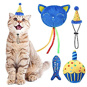 BINGPET Catnip Toys for Indoor Cats, Cat Birthday Hat and Interactive Plush Kitten Chew Toys - Cute Cake, Fish, Balloon Toys with Crinkle Paper and Catnip Inside