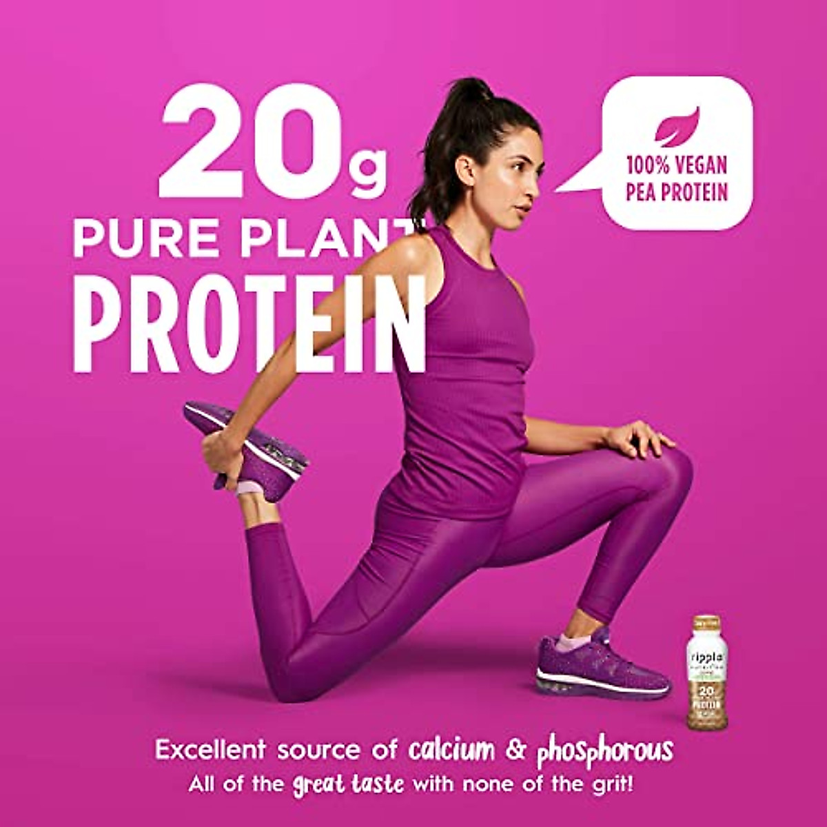 Ripple Vegan Protein Shake | Coffee Flavor | 100mg of Caffeine | 20g Nutritious Plant Based Pea Protein | Shelf Stable | Free of GMOs, Soy, Nut, Gluten, Lactose | 12 oz, Pack of 12