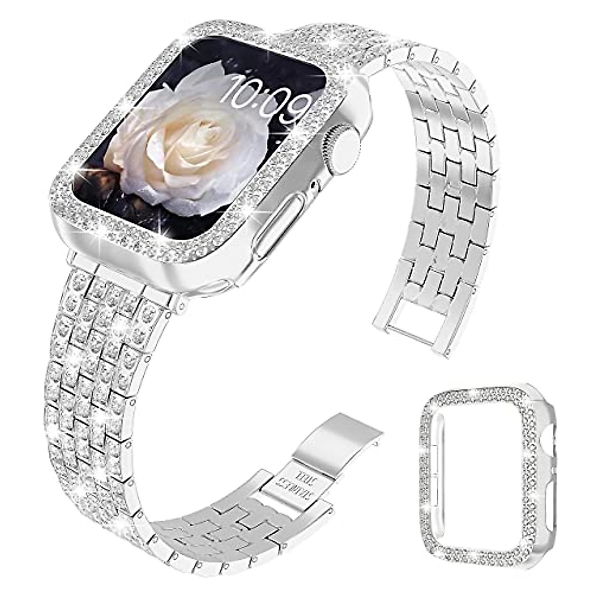 QVLANG Compatible for Apple Watch Band 40mm Series 6/5/4/SE, Diamond Rhinestone Case + Women Bling Band Stainless Steel Metal Bracelet for iWatch (Silver, 40mm)