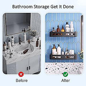 Bathroom Shelves Corner Shelf Shower Caddy, Wall Mounted Shower Shelving, 2-Tier Kitchen Racks Shower Organizer Basket with 4 Movable Hooks, Aluminum Storage Rack,Black