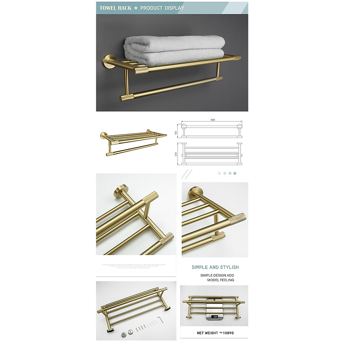 Golden Towel Rack Towel Bar Ring Brushed Gold Hardware Set Robe Coat Hook Toilet Tissue Paper Holder Bathroom Accessories Kit,2 PCS Robe Hook