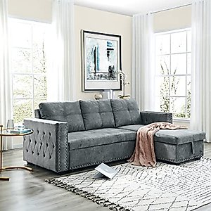 HABITRIO Sectional Sofa with Pull Out Bed, Solid Wood & Velvet Upholstered 2 Seats Sofa and Reversible Chaise Lounge w/Storage, Modern Design 91" L-Shaped Sleeper Sofa for Living Room, Grey