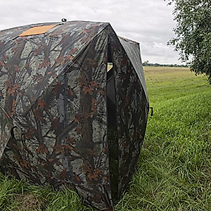 Tag Out Hub Hunting Blind, 3 Person Pop Up Ground Blind, Bloodtrail Woodland Camo and blaze orange safety panels, TA350BT, By Barronett Blinds, 90x90"