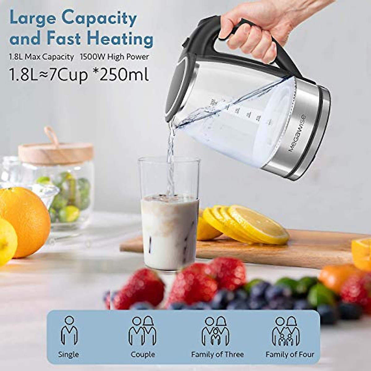 MegaWise 1500W Electric Kettle, 1.8L Borosilicate Glass Tea Kettle with LED Light, Auto Shut-Off and Boil-Dry Protection Cordless Kettle Fast Boiling, BPA Free