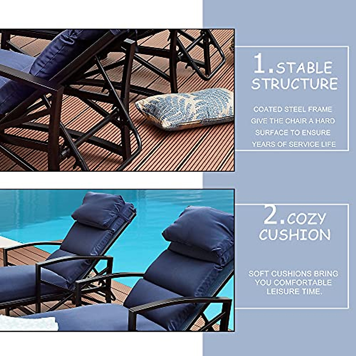 LOKATSE HOME 2 Piece Patio Chaise Lounge Chair Outdoor Furniture Set All Weather Metal Adjustable Backrest and Armchair with Removable Comfy Cushions, Blue