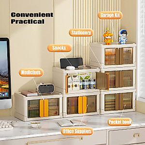 AARAINBOW 4 Pcs Plastic Storage Bins with Lids and Doors, Small Storage Bins Stackable Plastic Storage Boxes Cute, Small Storage Boxes with Lids for Home Dorm Office, 4.2L (S 4 White)