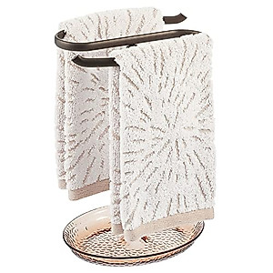 mDesign Steel Fingertip Towel Rack Stand with Base Tray - Towel Holder, Towel Bar for Bathroom, Kitchen, Powder Room - Holds Hand Towel, Washcloths - Rain Collection - Bronze/Brown