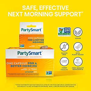 PartySmart, One Capsule for a Better Morning, 10 nights out Supply, Non-GMO, Plant-based, 250 mg, 10 capsules