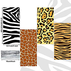 120 Pieces Jungle Animal Treat Bags, Wild Giraffe Cheetah Zebra Tiger Print Cellophane Plastic Candy Bags Goodie Favor Bags with 100 Silver Twist Ties for Jungle Safari Zoo Birthday Party Supplies