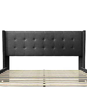 BONSOIR King Size Grey Color Bed Frame Upholstered Traditional Low Profile Platform with Wing Back Headboard Linen Fabric Upholstery/Sand (Dark Grey, King Size)