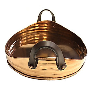 ZUCCOR Large Copper Plated Stainless Steel Serving Tray With Comfortable Faux Leather Handle | Ornate Decorative Tray | Serving Meals, Appetizers & Beverages | Kitchen Countertop - 17" x 13" x 3.5"