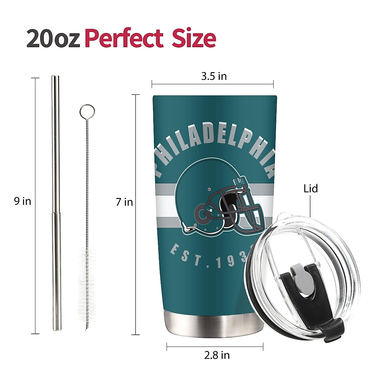 Custom Philadelphia Tumbler 20oz Stainless Steel with Lid & Straw Personalized Football Fans Gifts for Women Men Coffee Travel Mug Cup Add Name Number