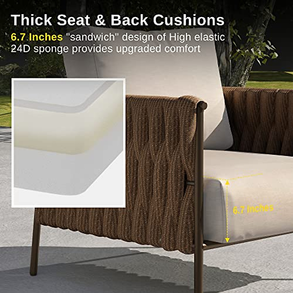 EAST OAK 3 Pieces Patio Furniture Set, Armchairs with Coffee Table, Outdoor Furniture with Thick Cushion, Modern Furniture Deep Seating for Garden Porch, Chestnut Brown & Creamy Apricot