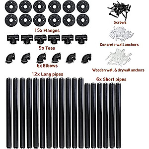 LBSLMJB Industrial Iron Pipe Shelving 5-Story Rustic Black DIY Open Pipe Shelves with Wood Planks Bookshelf, Wall Mount Hanging Steampunk Storage Office Room Kitchen Shelves