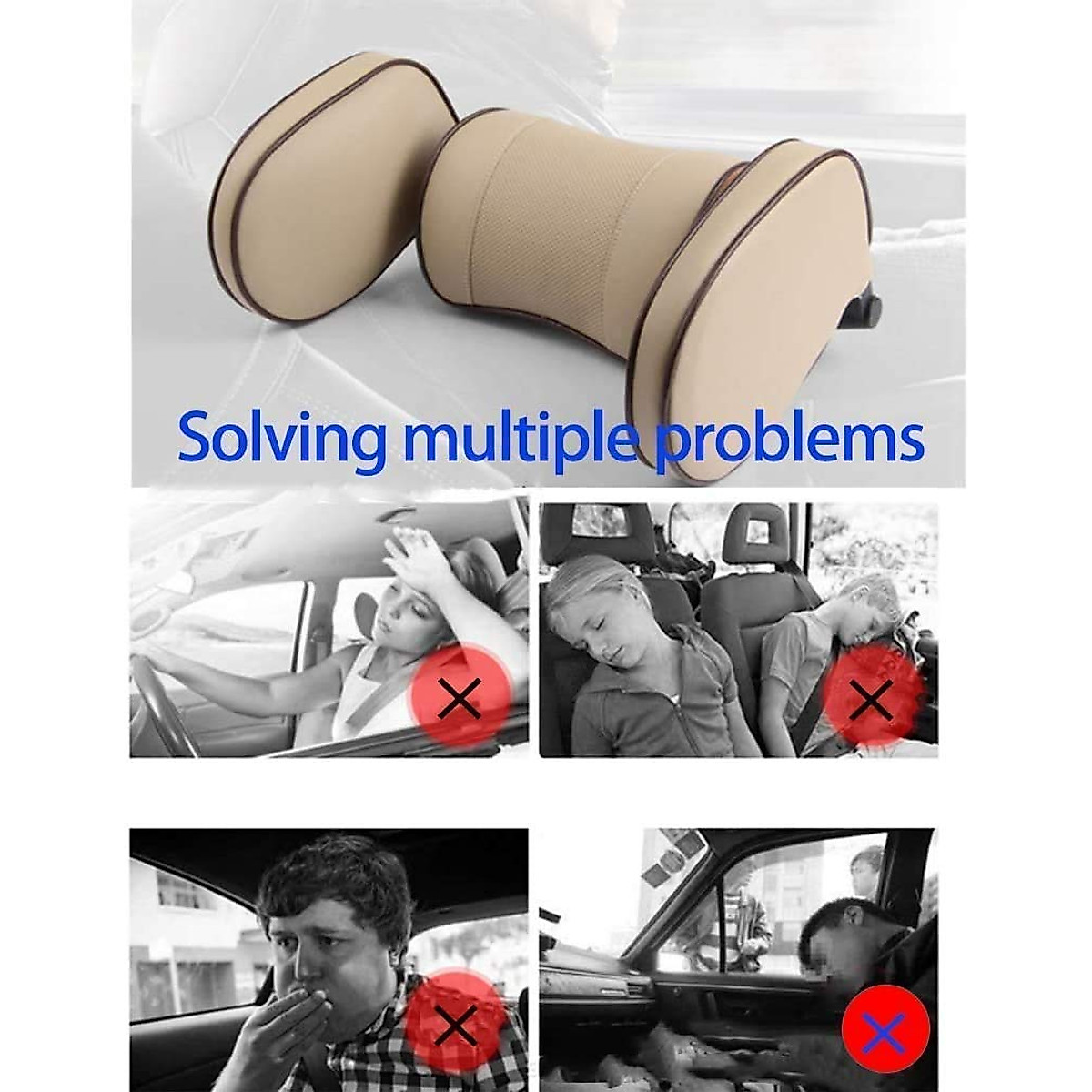 Car Seat Headrest Pillow, Support Neck Pillow Head Protection Cervical Spine Adjustable on Both Sides Telescopic Version PU Leather Universal for Kids Adults Travel(Beige)