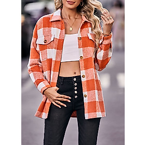 PRETTYGARDEN Women's 2024 Fall Clothes Plaid Shacket Jacket Long Sleeve Button Down Flannel Shirts Fashion Blouse (Plaid Orange White,Large)