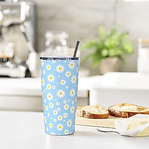 CHASOEA Daisy Tumbler 20oz Floral Flowers Stainless Steel Insulated Tumblers with Lid and Straw Blue Travel Coffee Mug Tea Wine Cups Water Bottle Daisy Gifts for Women