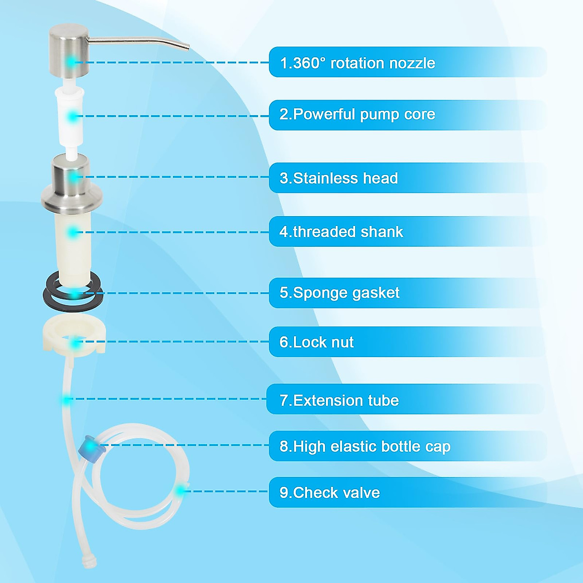 Soap Dispenser for Kitchen Sink, Built in Sink Soap Dispenser (Brushed Nickel), Countertop Soap Dispenser Pump with 47" Extension Tube kit, No Need to Fill Little Bottle Again (Longer Thread Shaft)