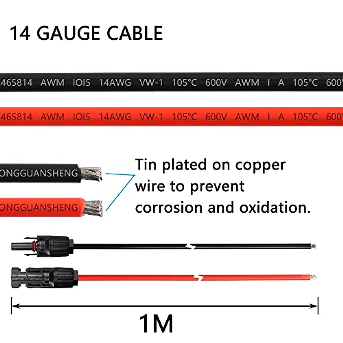 CERRXIAN 14AWG 3.2FT Solar Extension Bare Wire Cable with Female and Male Connector with O Ring Solar Panels, Charge Controller(Black+Red) (14AWG 3.2FT)-o