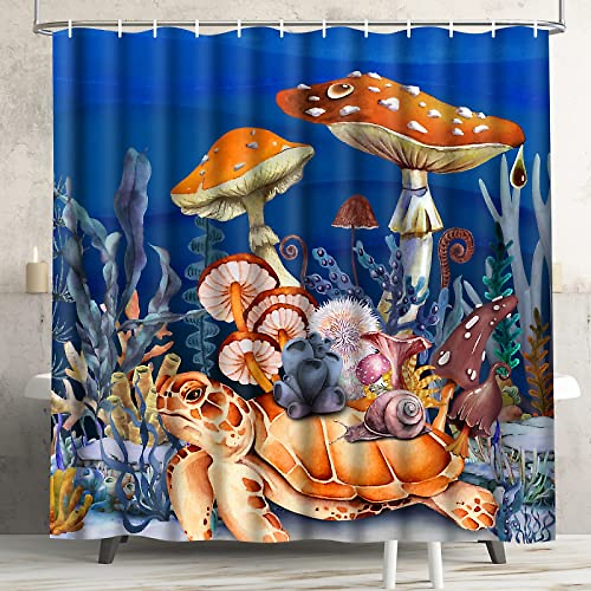 Alishomtll 4Pcs Mushroom Shower Curtain Sets with Non-Slip Rug, Toilet Lid Cover and Bath Mat, Sea Turtle Bathroom Sets, Funny Shower Curtains with 12 Hooks, Ocean Beach Kids Bathroom Sets