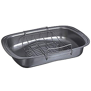 Goodcook Quick Roaster Pan and locking rack, with juice gathering pools for easier, safer, faster basting, 17x12x3 inches, Grey