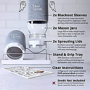 Sun & Sprouts Complete Sprouting Kit - 2 Large Wide-Mouth Mason Jars, Premium Screen lids, Blackout Sleeves, Tray and sprouter Stand - for Growing Broccoli, Mung Bean, Alfalfa Sprout from Seed