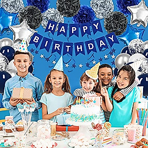 RUBFAC 60pcs Birthday Party Decorations for Men Boys Navy Blue Party Decor Silver Confetti Balloons Foil Balloons, Flower Pompoms, Birthday Banner for 16th 20th 25th 30th 35th 40th 50th 60th 70th
