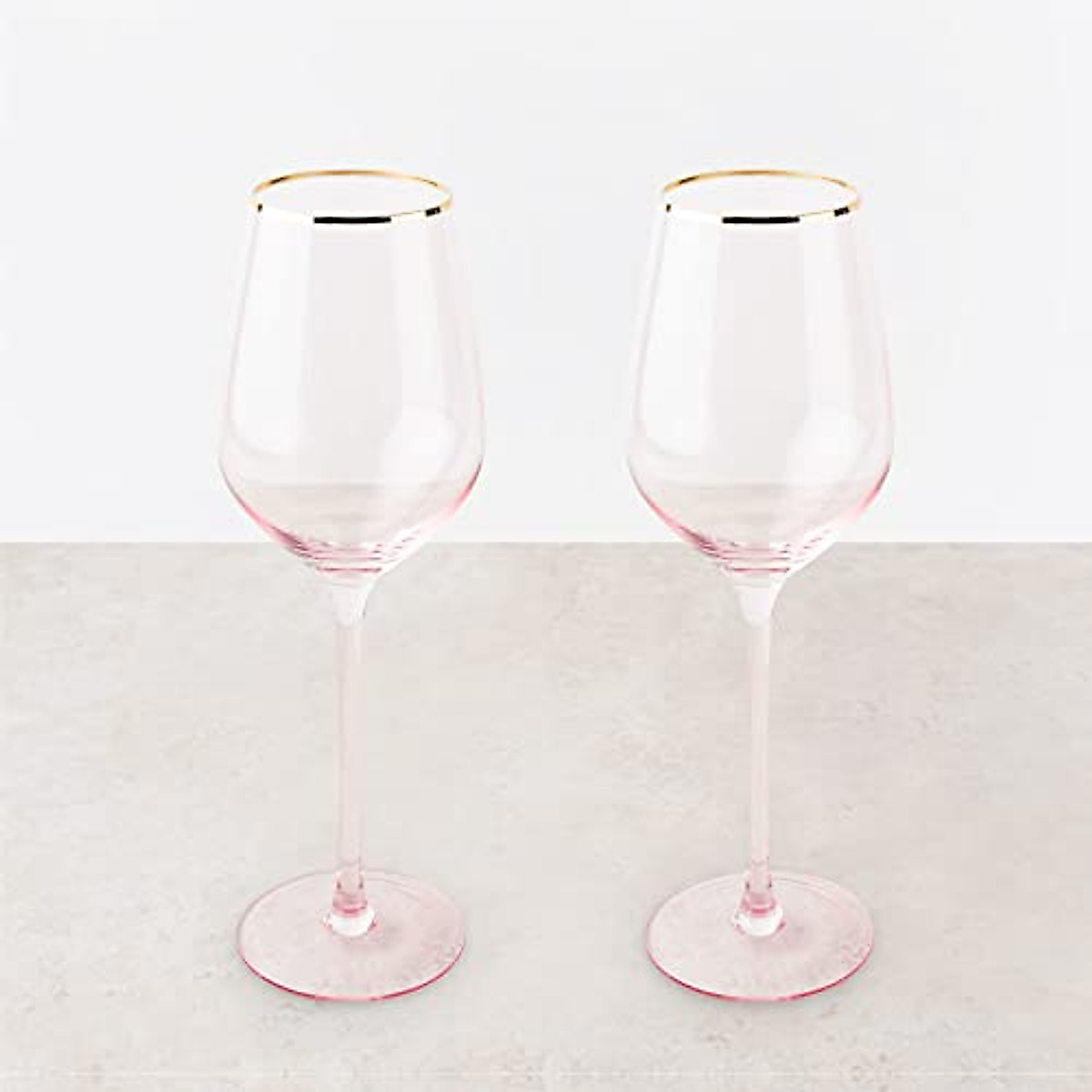 Twine Rose White Wine Glasses, Gold Rimmed Pink Tinted Crystal Wine Glass Set, Stemmed Wine Glasses, Set of 2, 14 Ounces