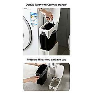 Huaqinglian Plastic Rectangle Slim Gap Trash Can Wastepaper Basket Bins 1.3 Gallon with Toilet Brush Holder Double Layer Garbage Can for Bathroom/Kitchen/Office (Grey)