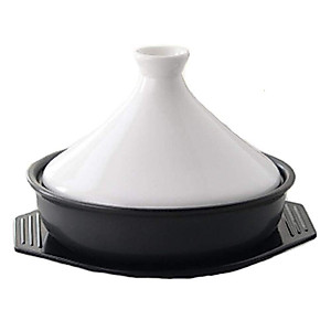 MYYINGBIN 23cm Ceramic Tagine Pot Stew Casserole Slow Cooker Lead Free with Wooden Shovel and Tray High Temperature Resistant, White