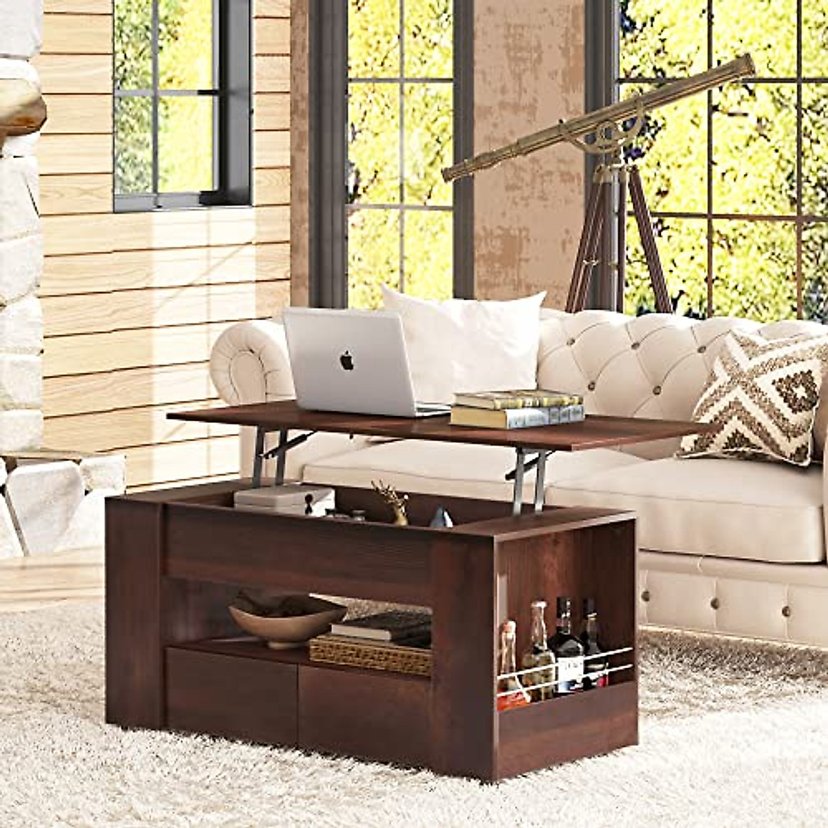 WLIVE Lift Top Coffee Table with Storage,Small Coffee Table with Drawers for Living Room,Hidden Compartment and Open Shelf,Central Table for Reception Room,Espresso