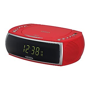 Jensen Red Modern Home CD Tabletop Stereo Clock Digital AM/FM Radio CD Player Dual Alarm Clock CD Top-Loading Player | USB Charging Port DV 5V 800mA | Headphone Jack | 0.9 Display Green LED