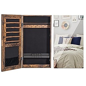 Lavievert Lockable Jewelry Cabinet Armoire with Frameless Mirror, Wall/Door Mounted Space Saving Jewelry Display Organizer with Lipstick Compartments - Rustic Brown