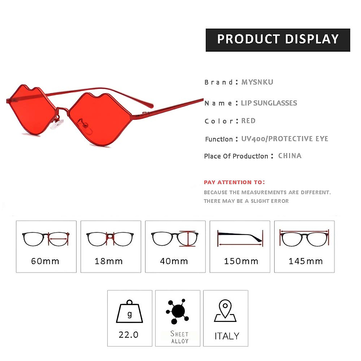 MYSNKU Sexy Lips Shape Irregular Sunglasses Women's Small Frame Metallic Thin Edge Color Sunglasses (red)