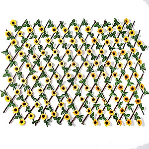 GWOKWAI Artificial Plant Expandable Fence, Expanding Trellis Privacy Fence Screen Artificial Sunflower/Rose Retractable Fence for Outdoor Garden Decor Balcony Backdrop Wall