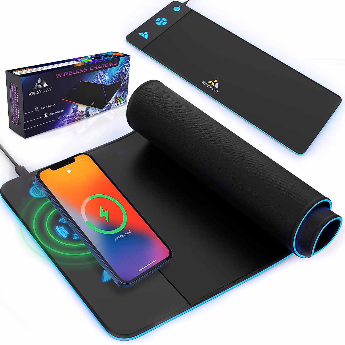 Kraylay XXL RGB Gaming Mouse Pad with Wireless Charger, 11 Colors LED Mouse Mat with 10W Fast Charging, Non Slip Extended Big Mousepad, Black Gaming Mouse pad for Laptop, PC, Office, and Gaming